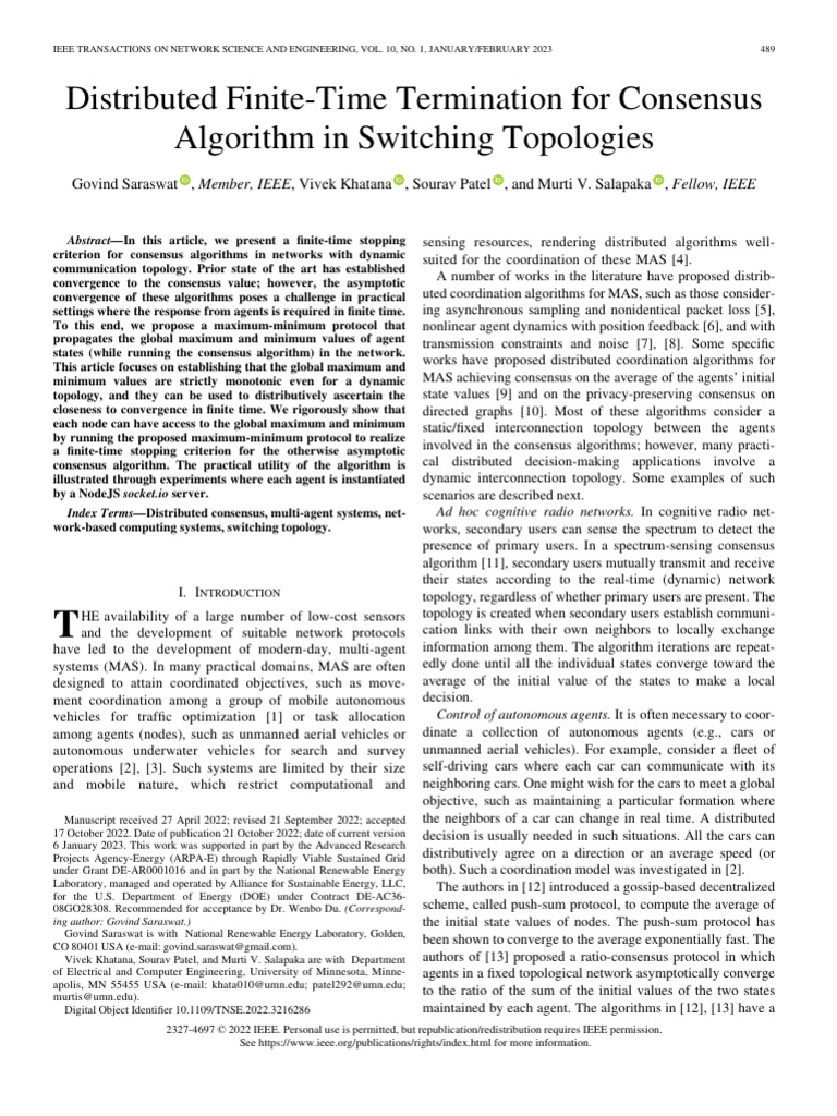 Distributed Finite-Time Termination For Consensus Algorithm in Switching Topologies | PDF