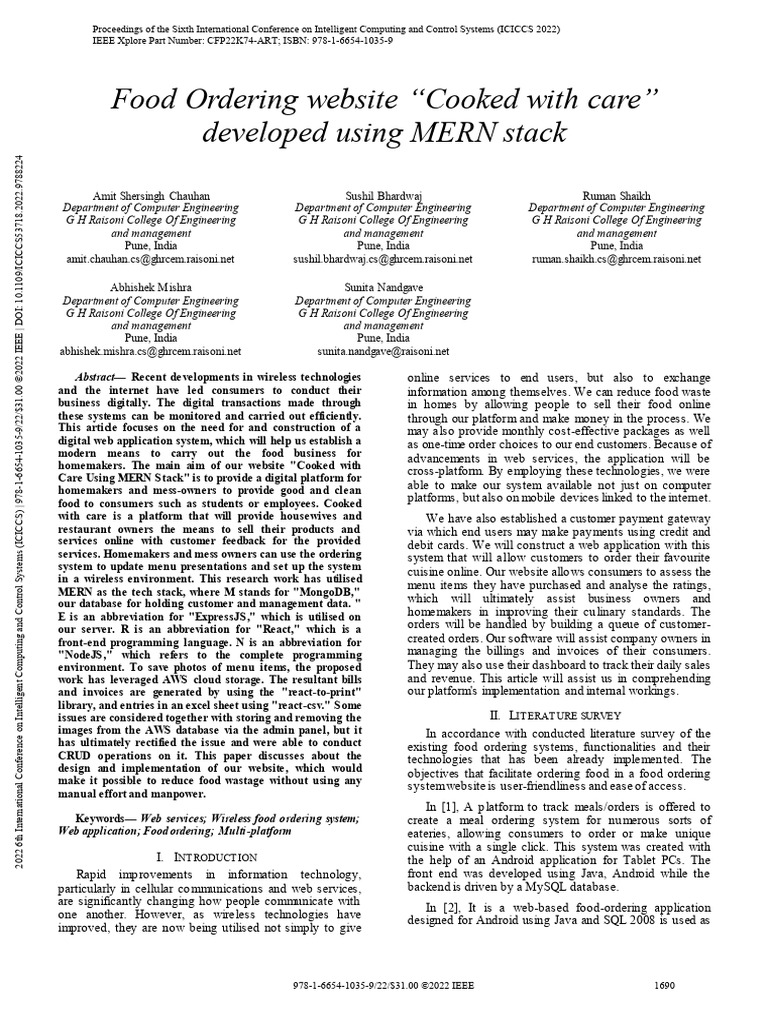 Food Ordering Website Cooked With Care Developed Using MERN Stack | PDF