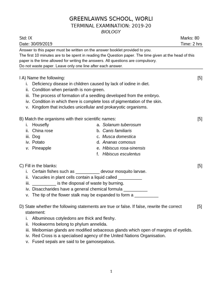 Biology March 2020 std9 | PDF | Plants