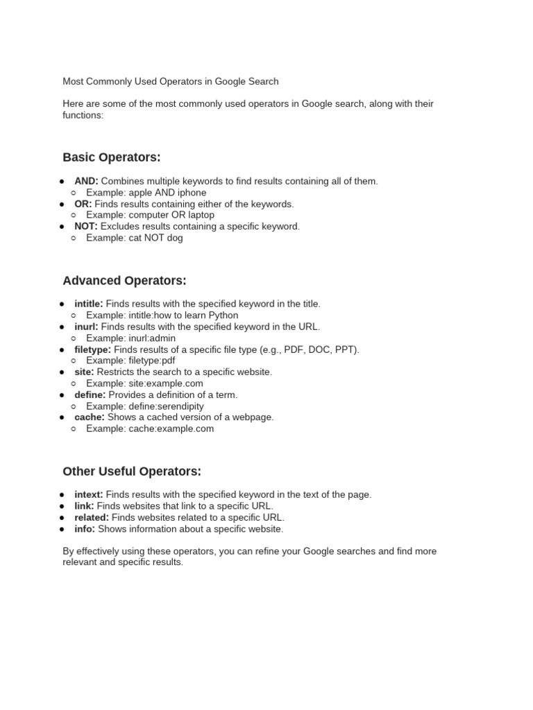 Most Commonly Used Operators in Google Search | PDF