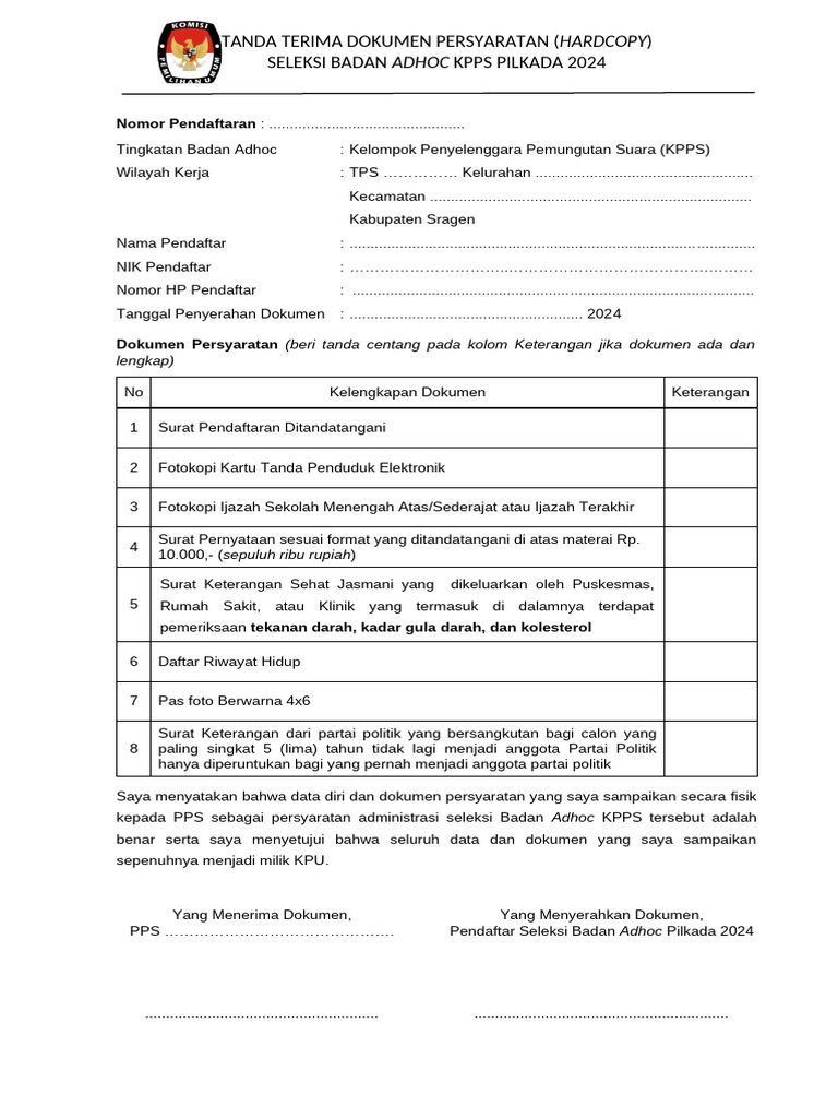 Tanda Terima Dokumen KPPS Pilkada 2024 | PDF