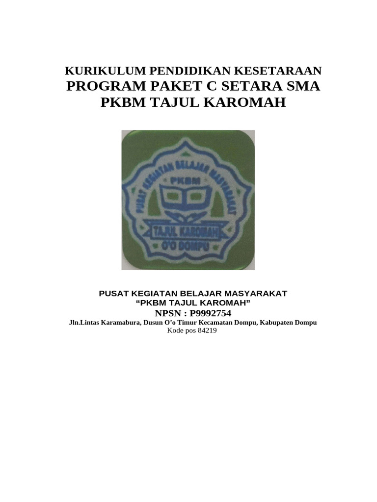 Kurikulum Pendidikan Kesetaraan Program Paket C Setara Sma PKBM Tajul ...