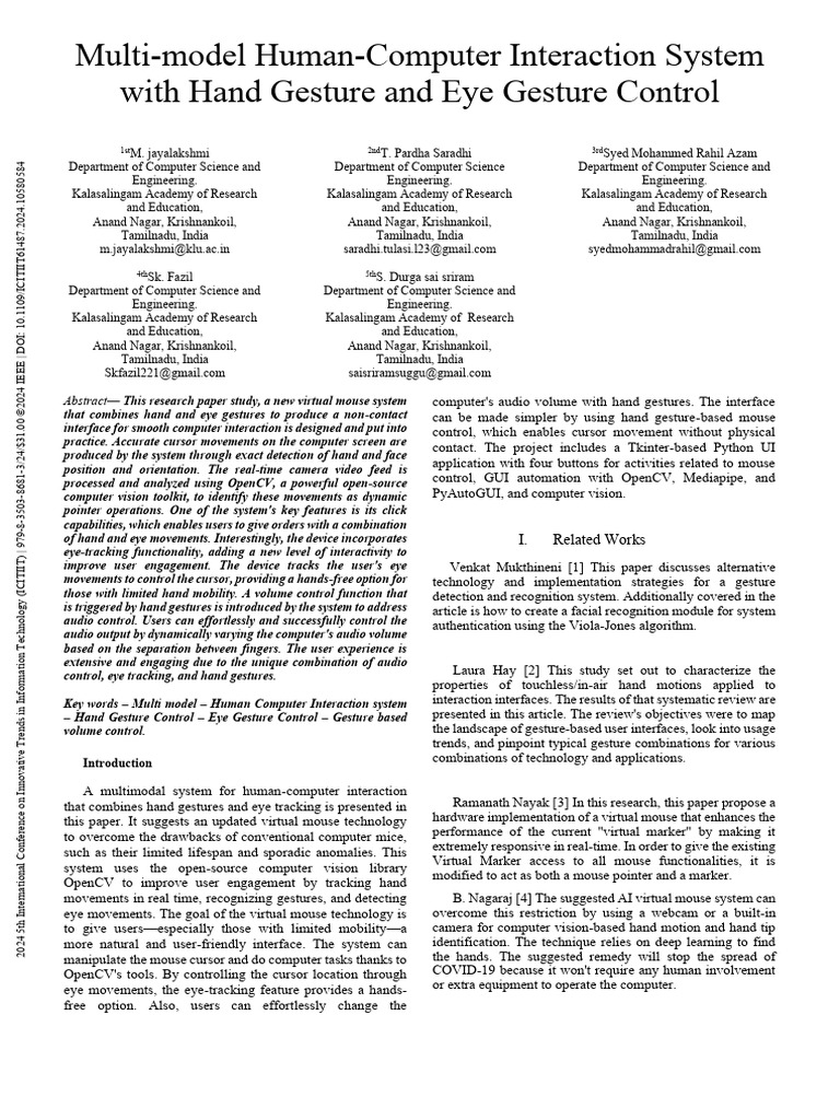Multi-Model Human-Computer Interaction System With Hand Gesture and Eye Gesture Control | PDF