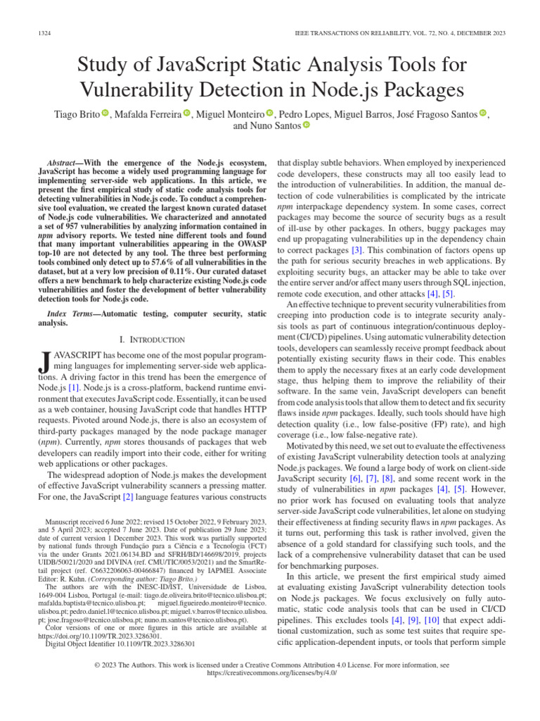 Study of JavaScript Static Analysis Tools For Vulnerability Detection ... Study of JavaScript Static Analysis Tools For Vulnerability Detection ...