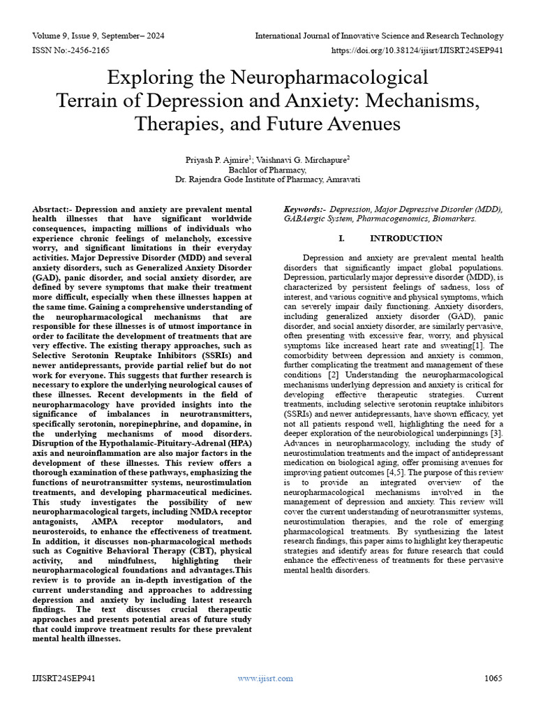Exploring The Neuropharmacological Terrain of Depression and Anxiety: Mechanisms, Therapies, and ...