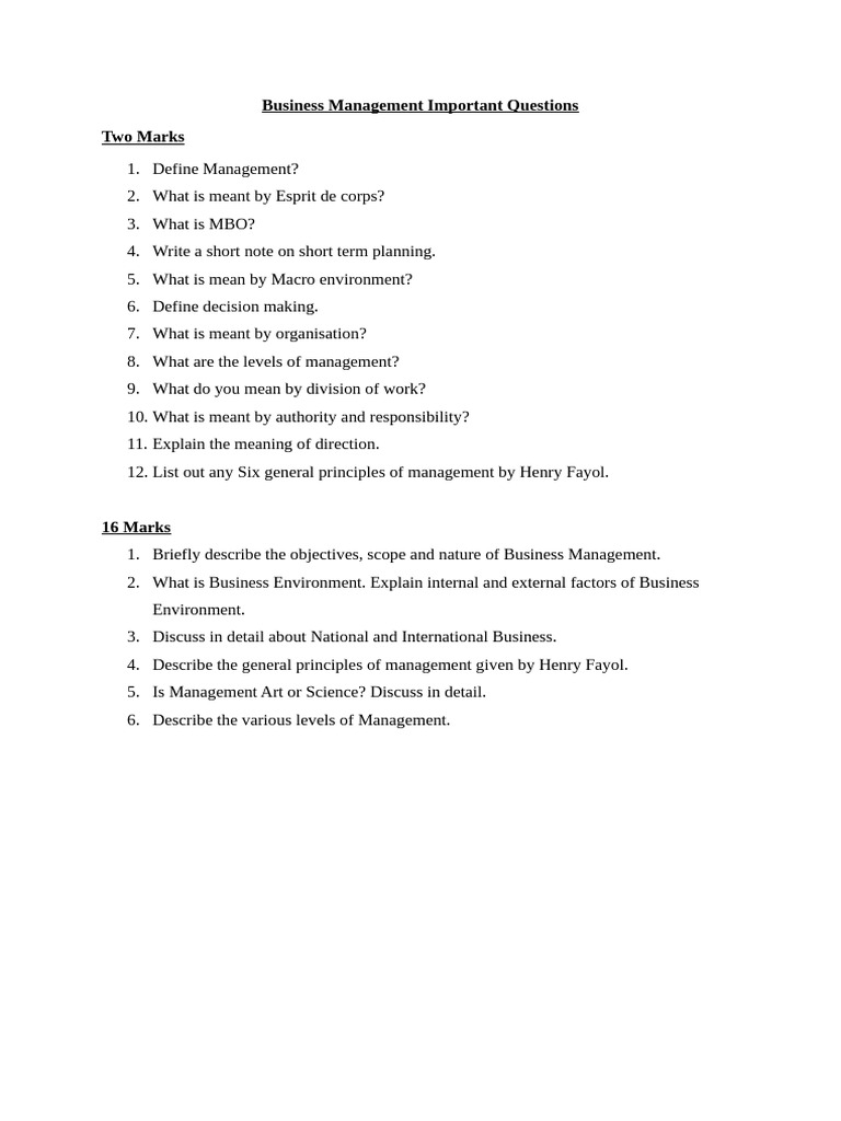 Business Management Important Questions | PDF