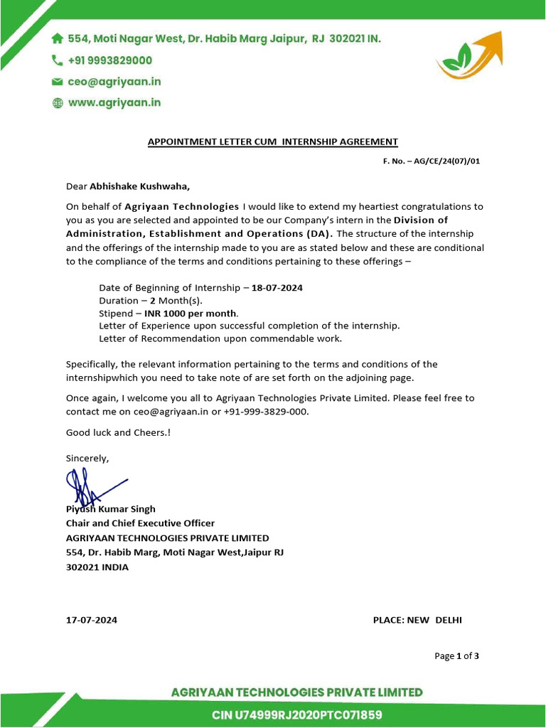 Appointment Letter - Abhishake | PDF