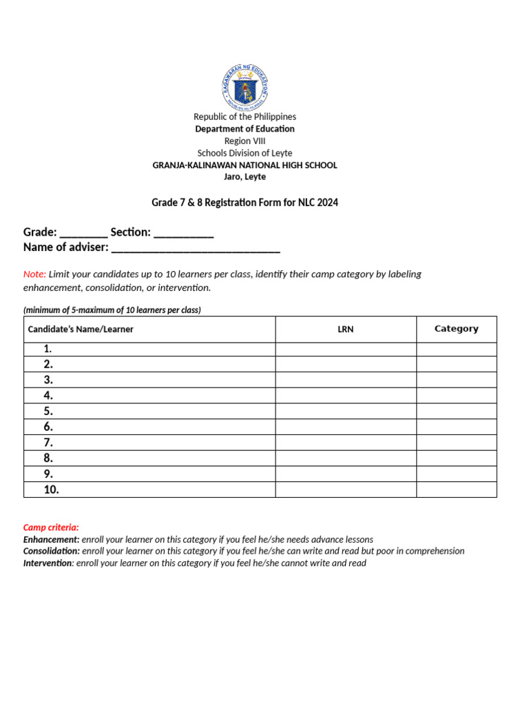 Grade 7 8 Registration Form For NLC 2024 | PDF | Career & Growth