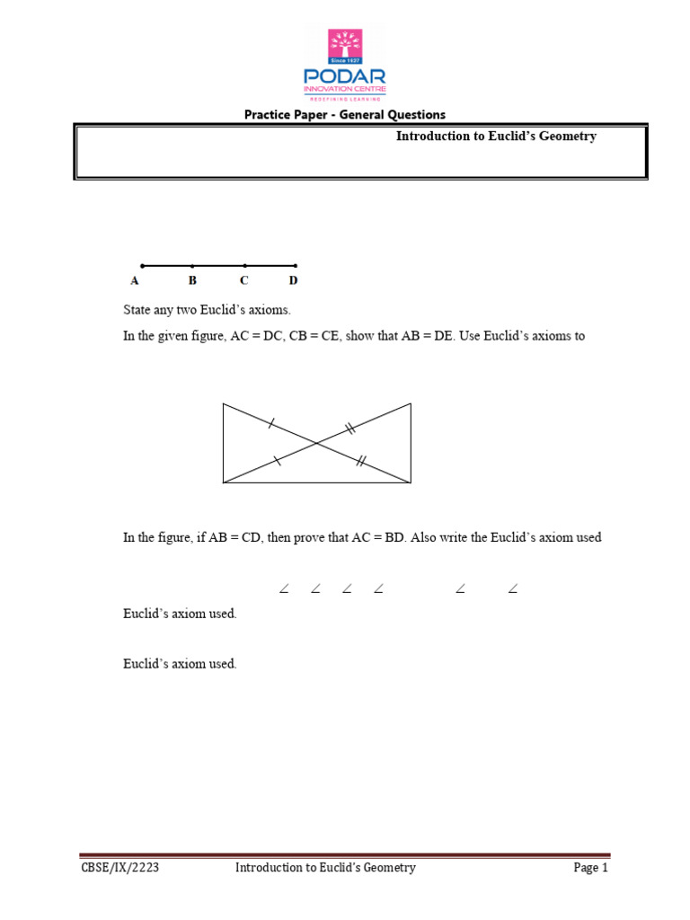QP PS CBSE STD IX Math 5 Introduction To Euclid S Geometry General Qs | PDF