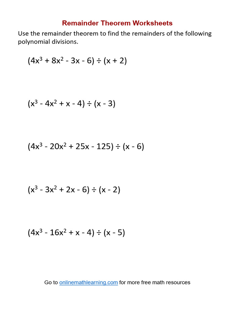 Remainder Theorem Worksheet | PDF