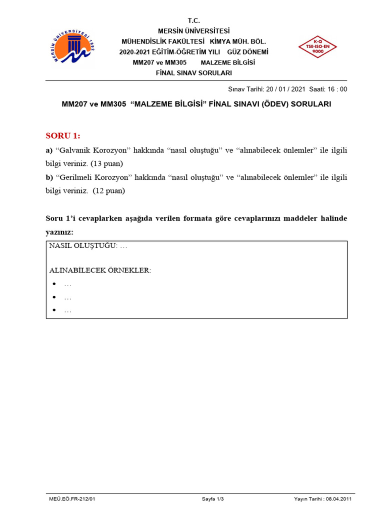 2020 2021 MM207 MM305 Final Sinav Sorular | PDF