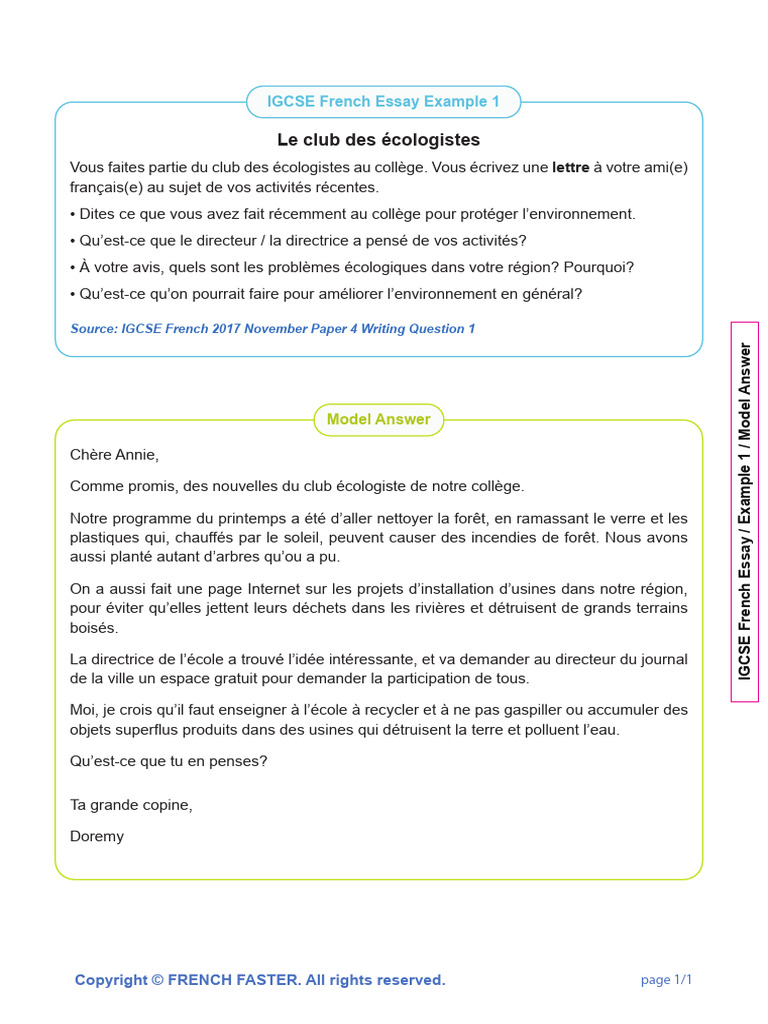 IGCSE French Essay Sample 1 | PDF