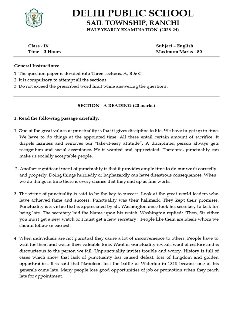 Class Ix Hy Examination 2023-24 | PDF