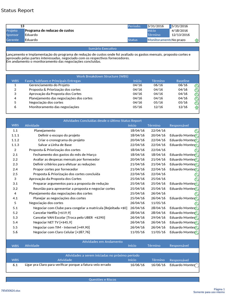 StatusReport - Programa de Reducao de Custos | PDF