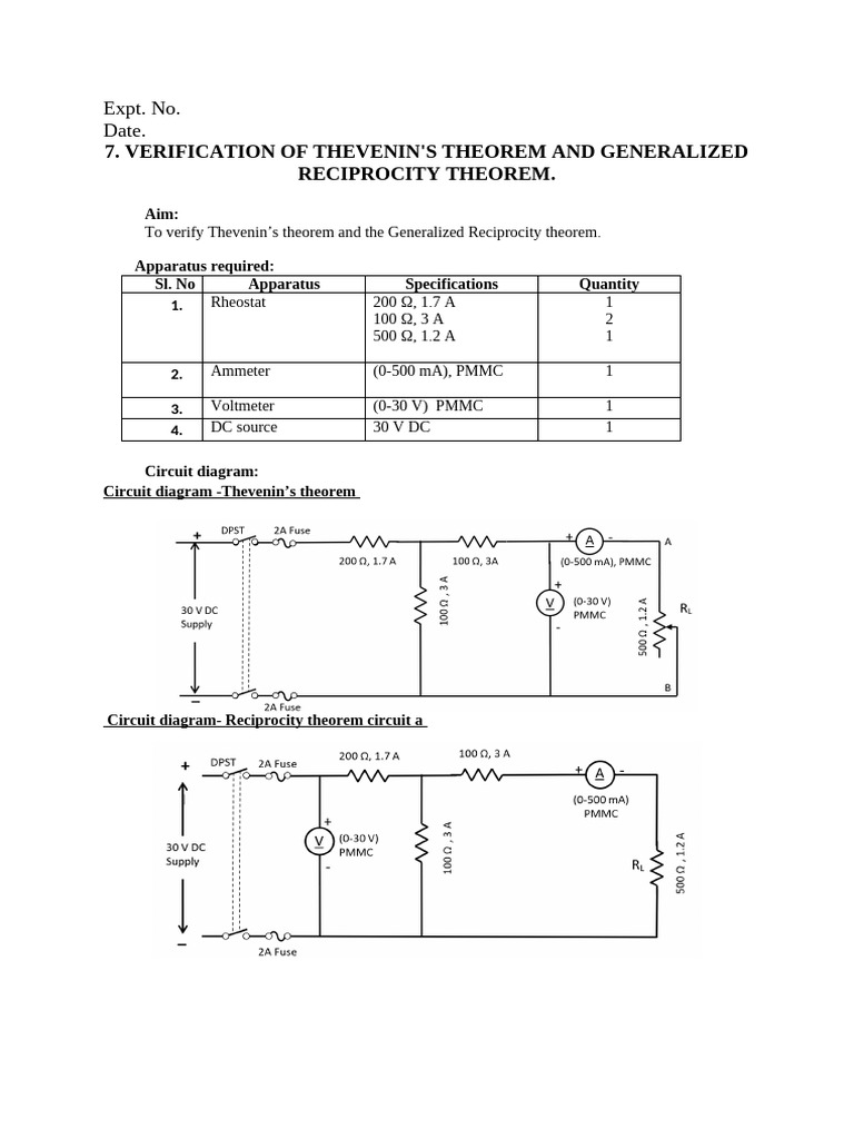 Verification of Thevenin's Theorem and Generalized Reciprocity Theorem | PDF