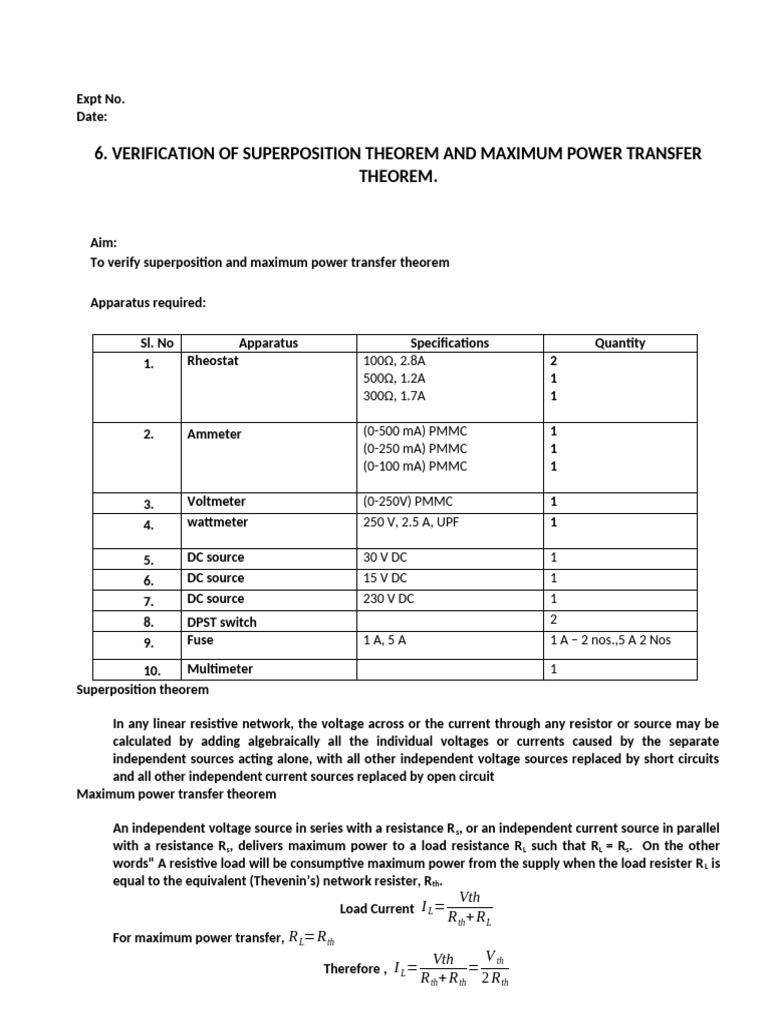Expt No 6 VERIFICATION OF SUPERPOSITION THEOREM AND MAXIMUM POWER TRANSFER THEOREM. | PDF
