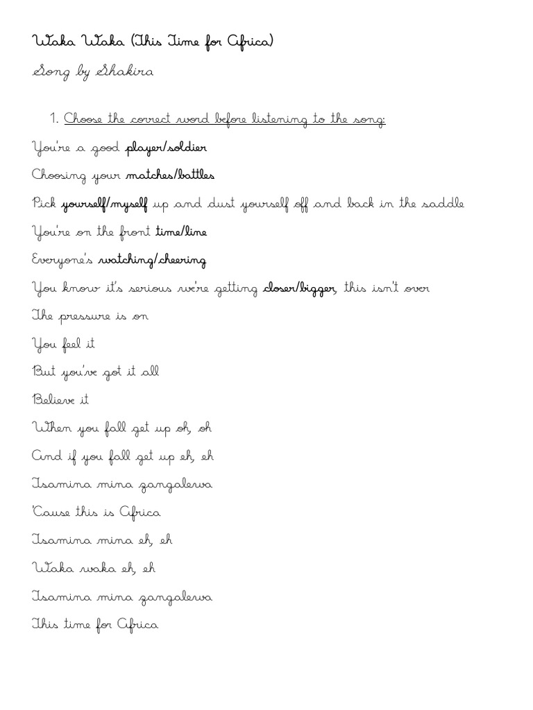 Waka Waka worksheet | PDF