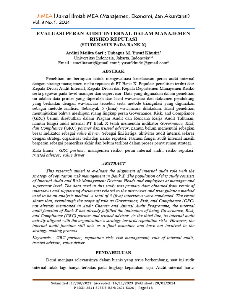 Evaluasi Peran Audit Internal Dalammanajemenrisiko Reputasi | PDF ...