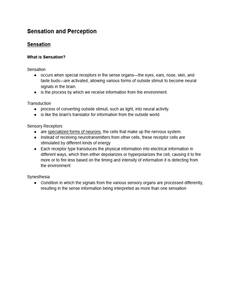 Sensation, Perception, and Consciousness PSYCH101 NOTES | PDF