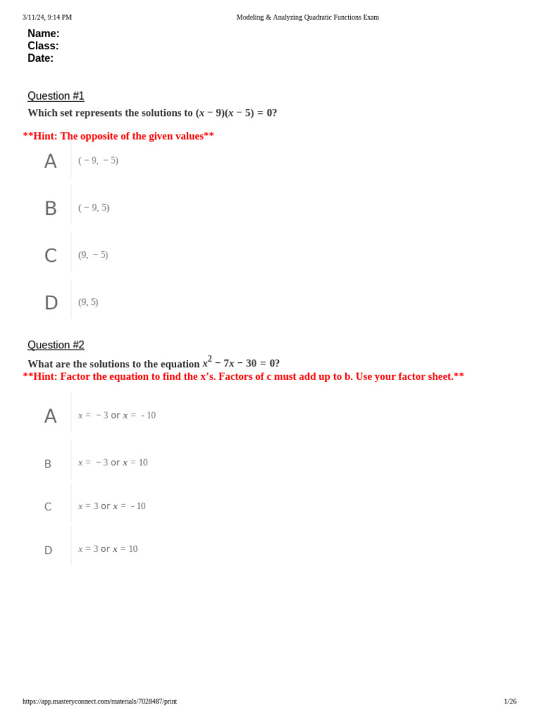Modeling & Analyzing Quadratic Functions Exam (AutoRecovered) | PDF