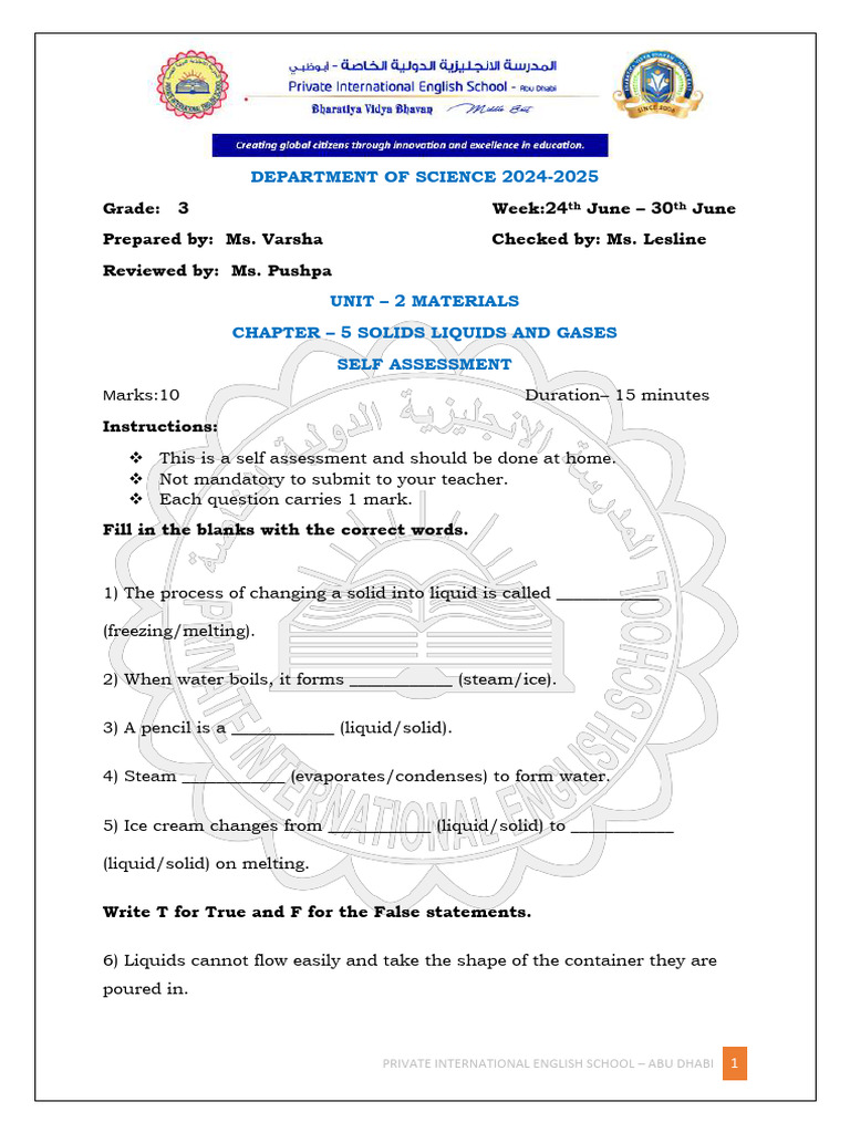 Solids Liquids and Gases Assessment (1) | PDF