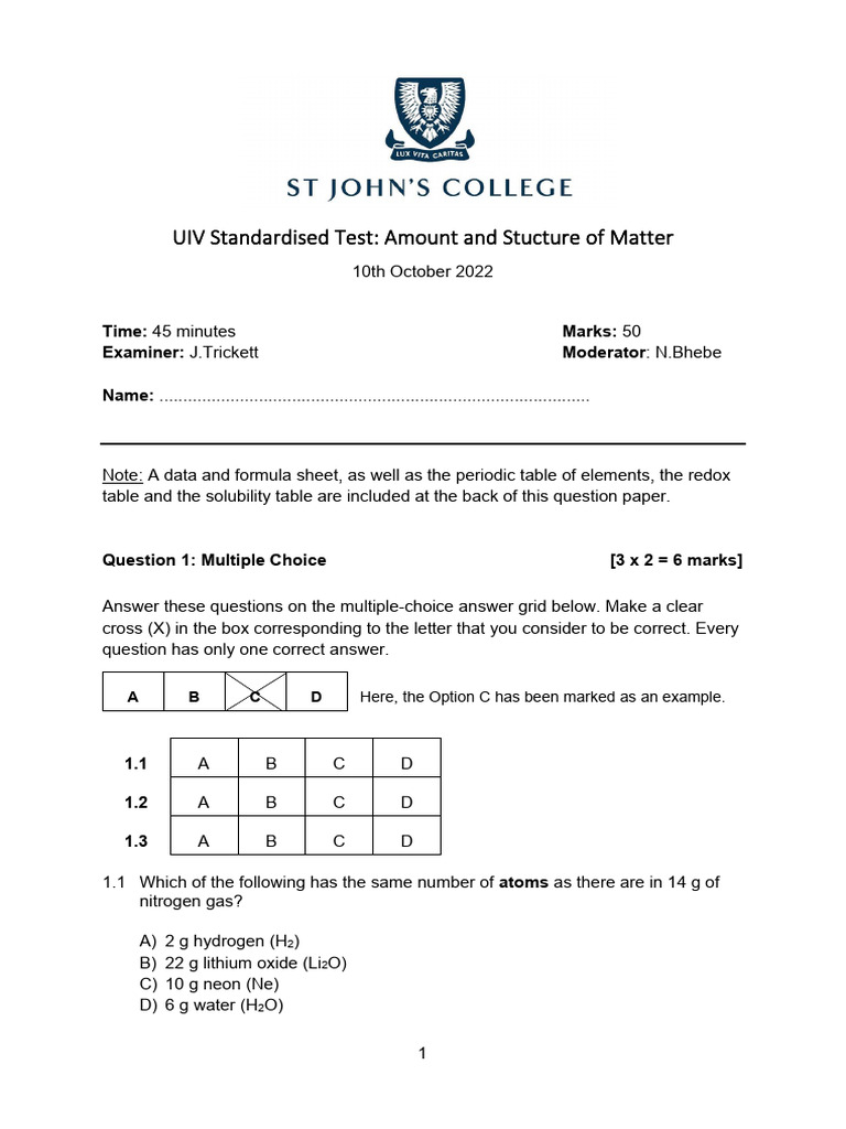 2022 Amount & Structure of Matter Standardised Test | PDF
