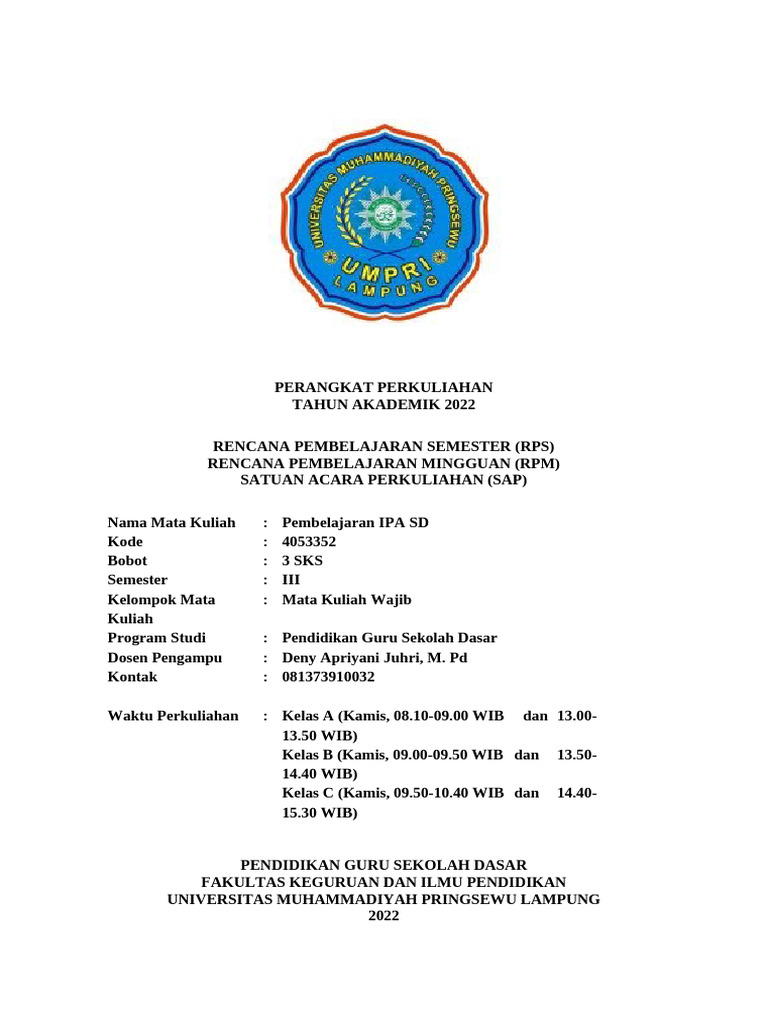 Rps Pembelajaran Ipa SD 2022 | PDF