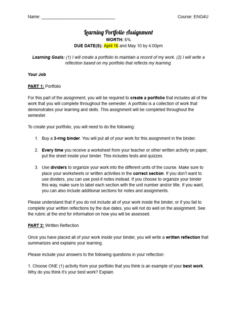 ENG4U Learning Portfolio Assignment | PDF | Paragraph | Computers