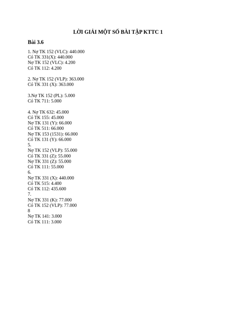 LỜI GIẢI MỘT SỐ BÀI TẬP KTTC 1 | PDF