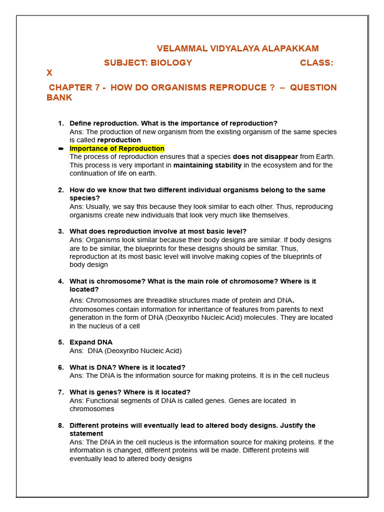 Bio - CH 7 - How Do Organisms Reproduce - Question Bank | PDF