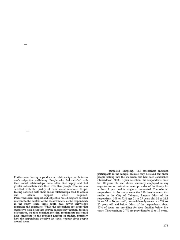 Perceived Social Support and Subjective Well-Being of Breadwinners: A Correlational Study | PDF