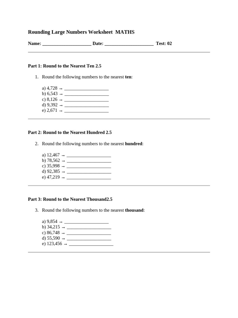 Rounding Large Numbers Worksheet MATHS TEST 02 | PDF