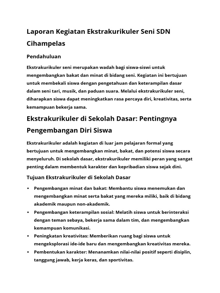 Laporan Kegiatan Ekstrakurikuler Seni SDN Cihampelas | PDF Laporan Kegiatan Ekstrakurikuler Seni SDN Cihampelas | PDF