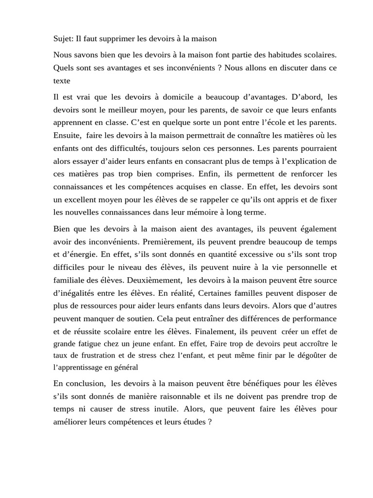Il Faut Supprimer Les Devoirs À La Maison | PDF