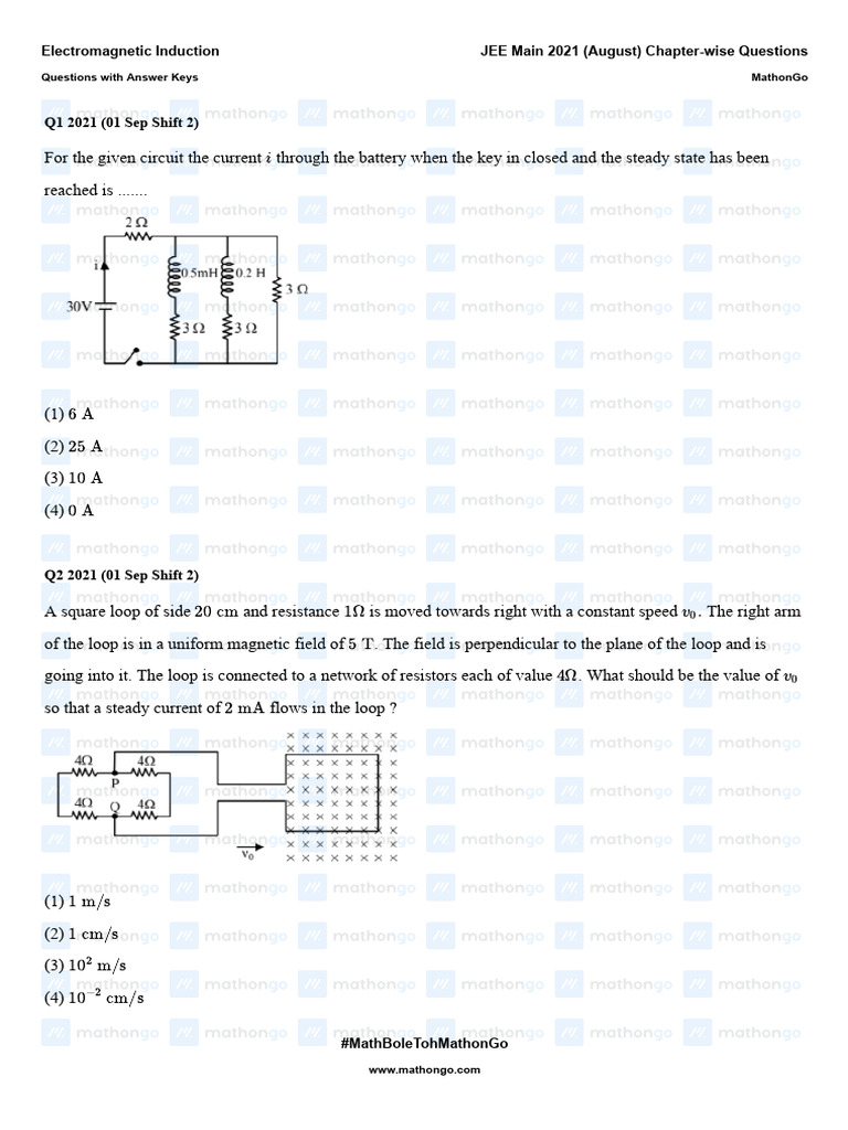 Electromagnetic Induction - JEE Main 2021 August Chapter-Wise - MathonGo | PDF