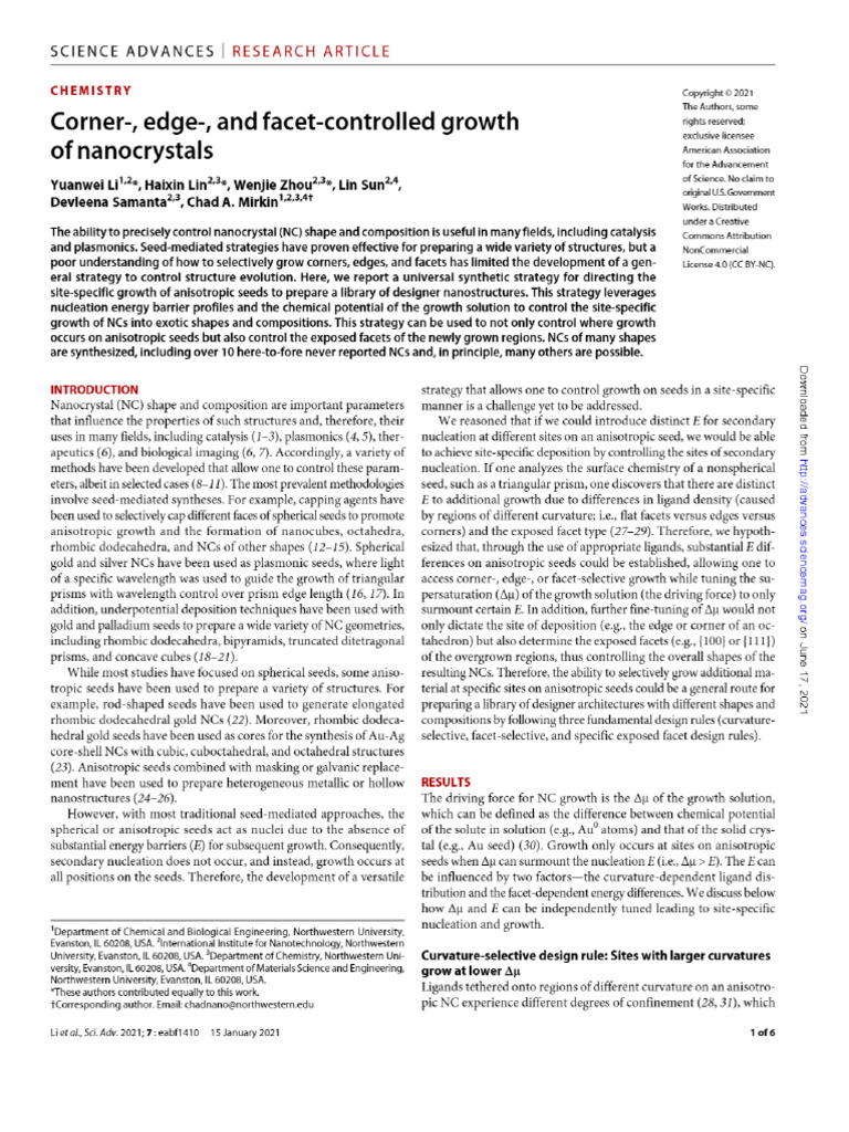 Y. Li - Corner-, Edge-, and Facet-Controlled Growth of Nanocrystals | PDF