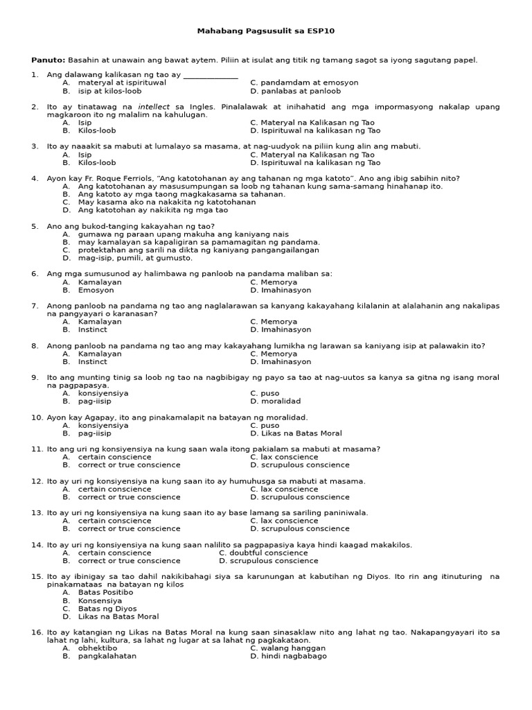 Mahabang Pagsusulit Sa ESP10 | PDF