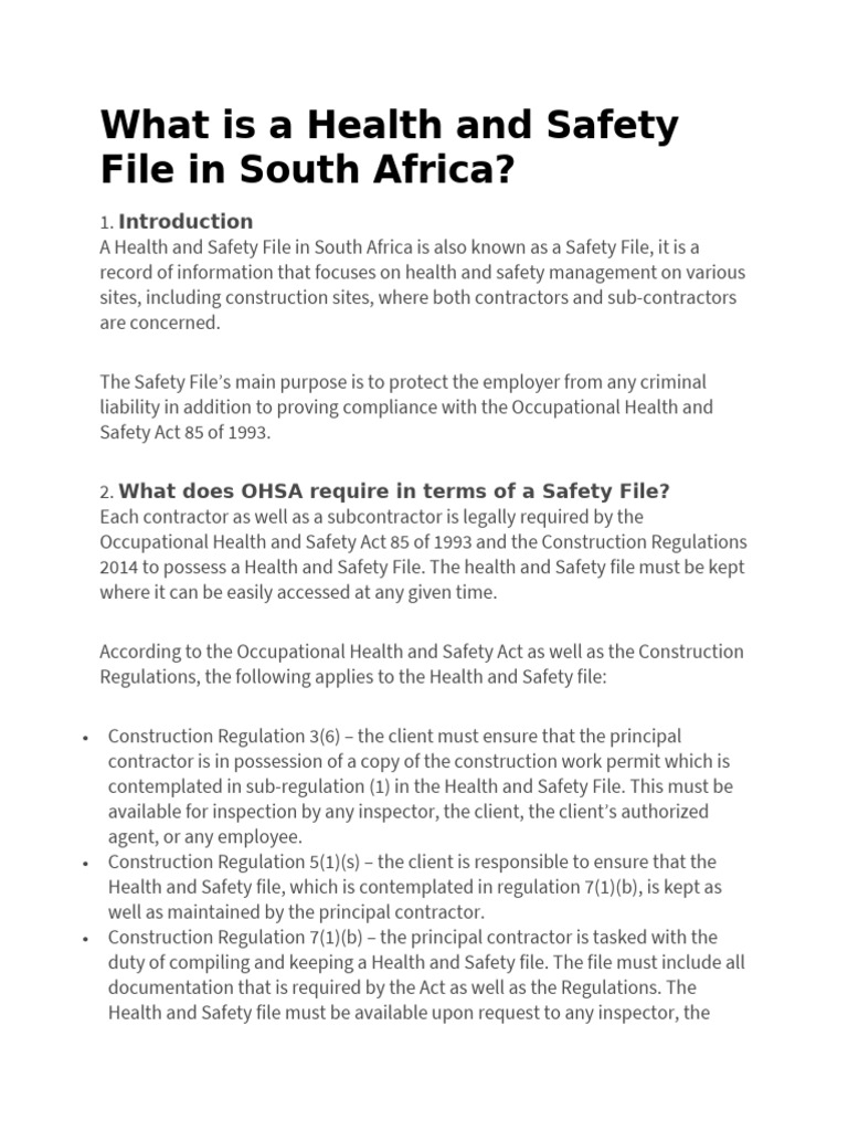 What Is A Health and Safety File in South Africa | PDF