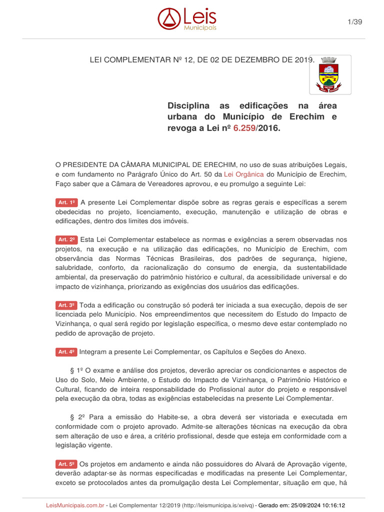 Lei Complementar 12 2019 Erechim RS | PDF