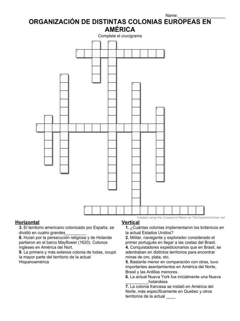 Crucigrama Colonias Europeas en América | PDF