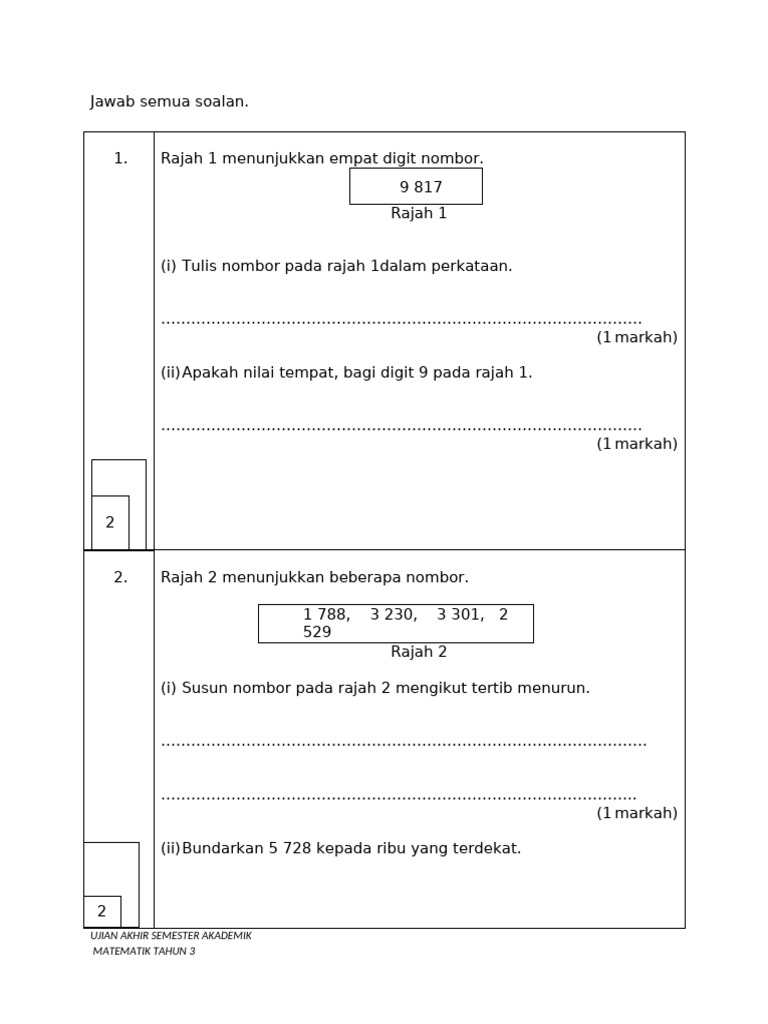 Ujian Akhir Tahun KSSR Tahun 3 Matematik Set2 | PDF