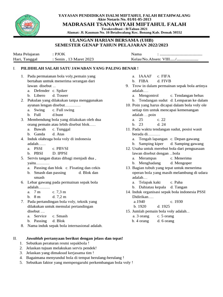 Soal UHB Pjok Genap Kls 8 2022-2023 | PDF