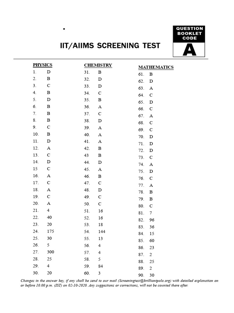 Iitaiims 2025 - Screening Test Answer Key | PDF
