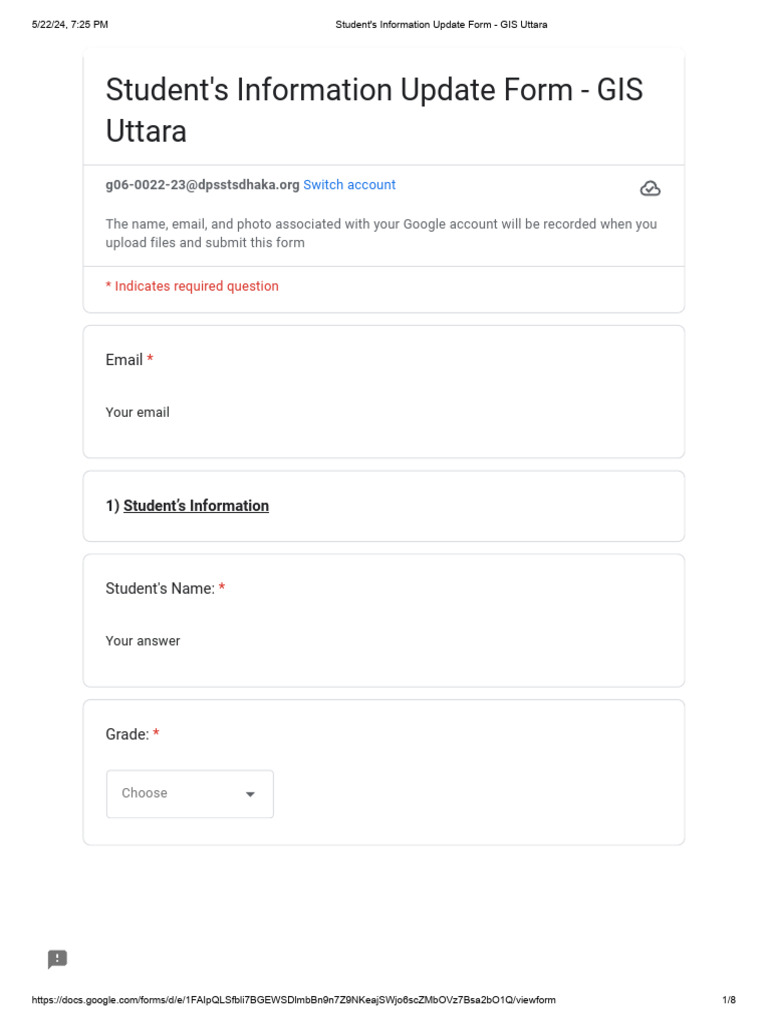 Student's Information Update Form - GIS Uttara | PDF