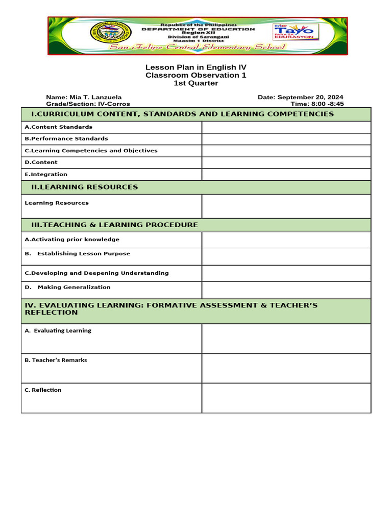 Grade 4 English Lesson Plan Template | PDF | Career & Growth