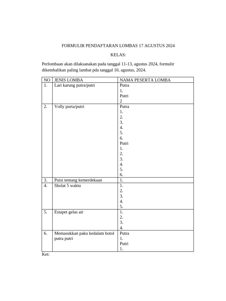 Formulir Pendaftaran Lombas 17 Agustus 2024 | PDF