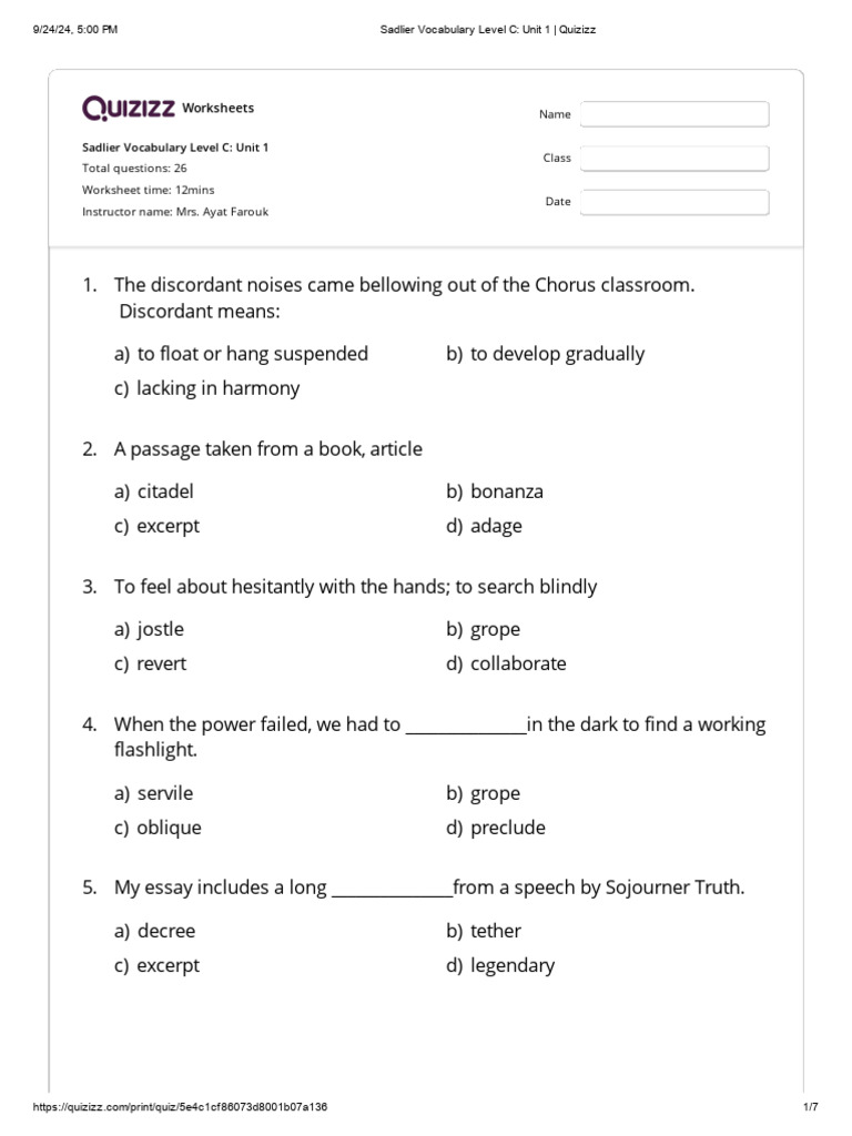 Sadlier Vocabulary Level C - Unit 1 - 1 | PDF