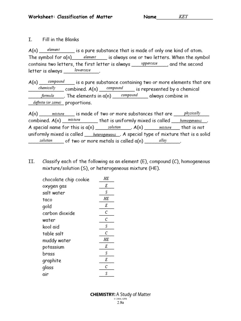 2 09a Classificaton of Matter WKST Key | PDF