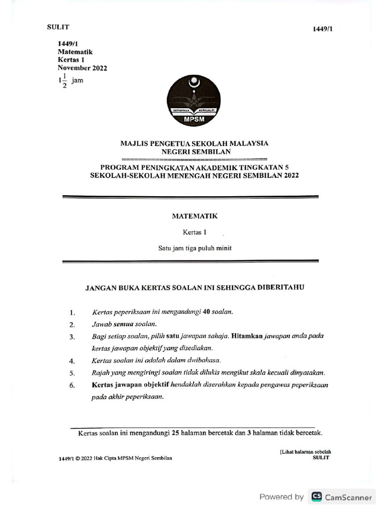2022 Negeri - Sembilan - MPSM Maths K1 | PDF
