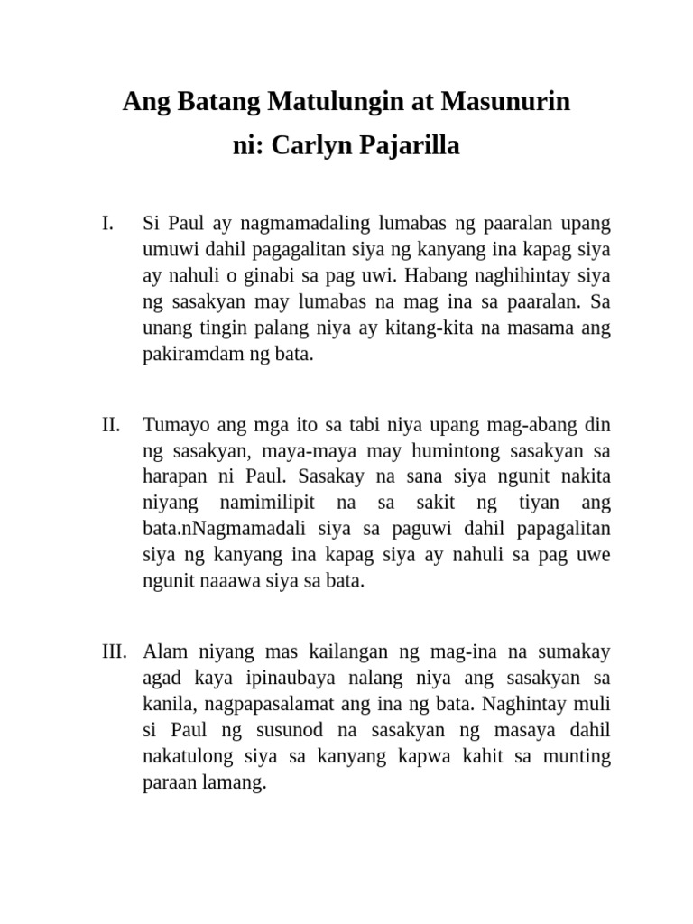 Ang Batang Matulungin at Masunurin | PDF